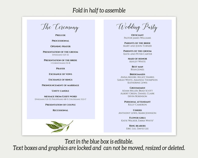 Folded Wedding Program Template Folded Ceremony Template - Etsy
