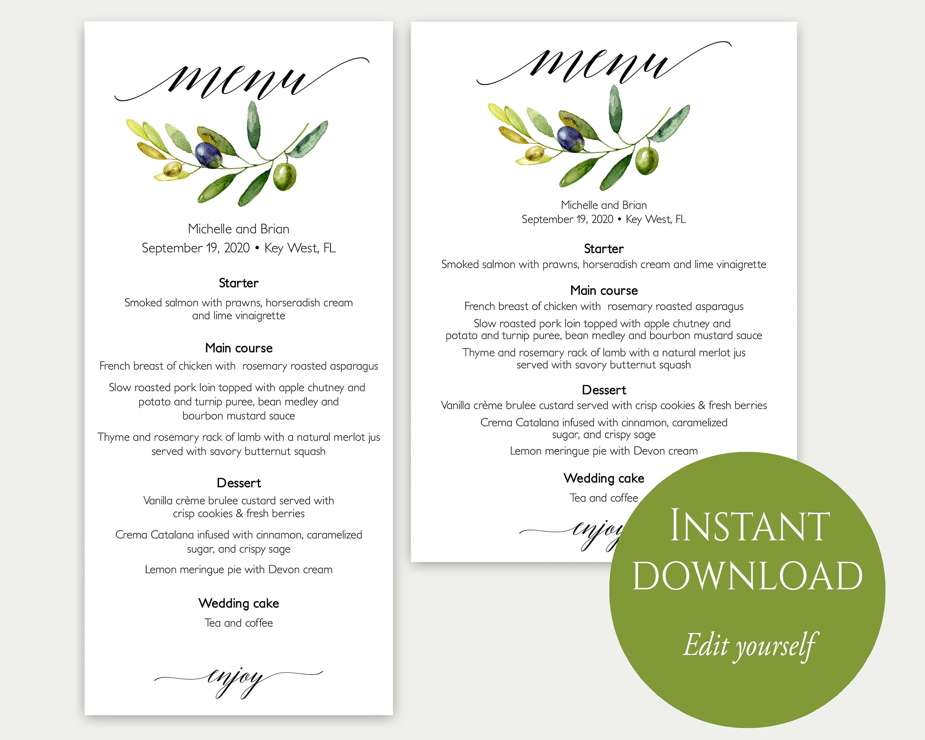 Olive Branch Menu Olive Menu Wedding Menu Template Italian | Etsy
