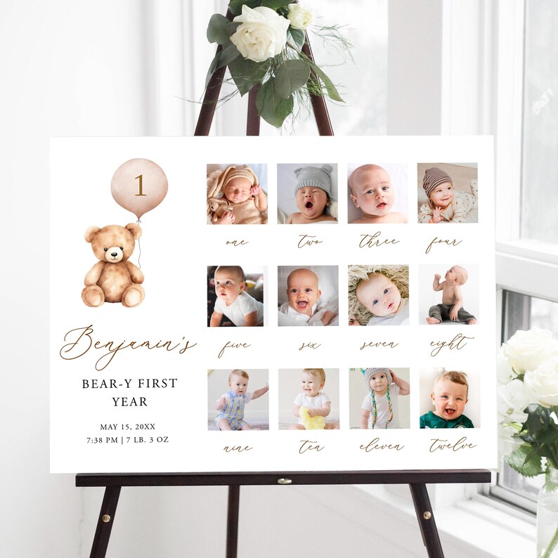 ANY AGE Beary First Year Photo Sign Balloon 1st Birthday Photo Sign ...