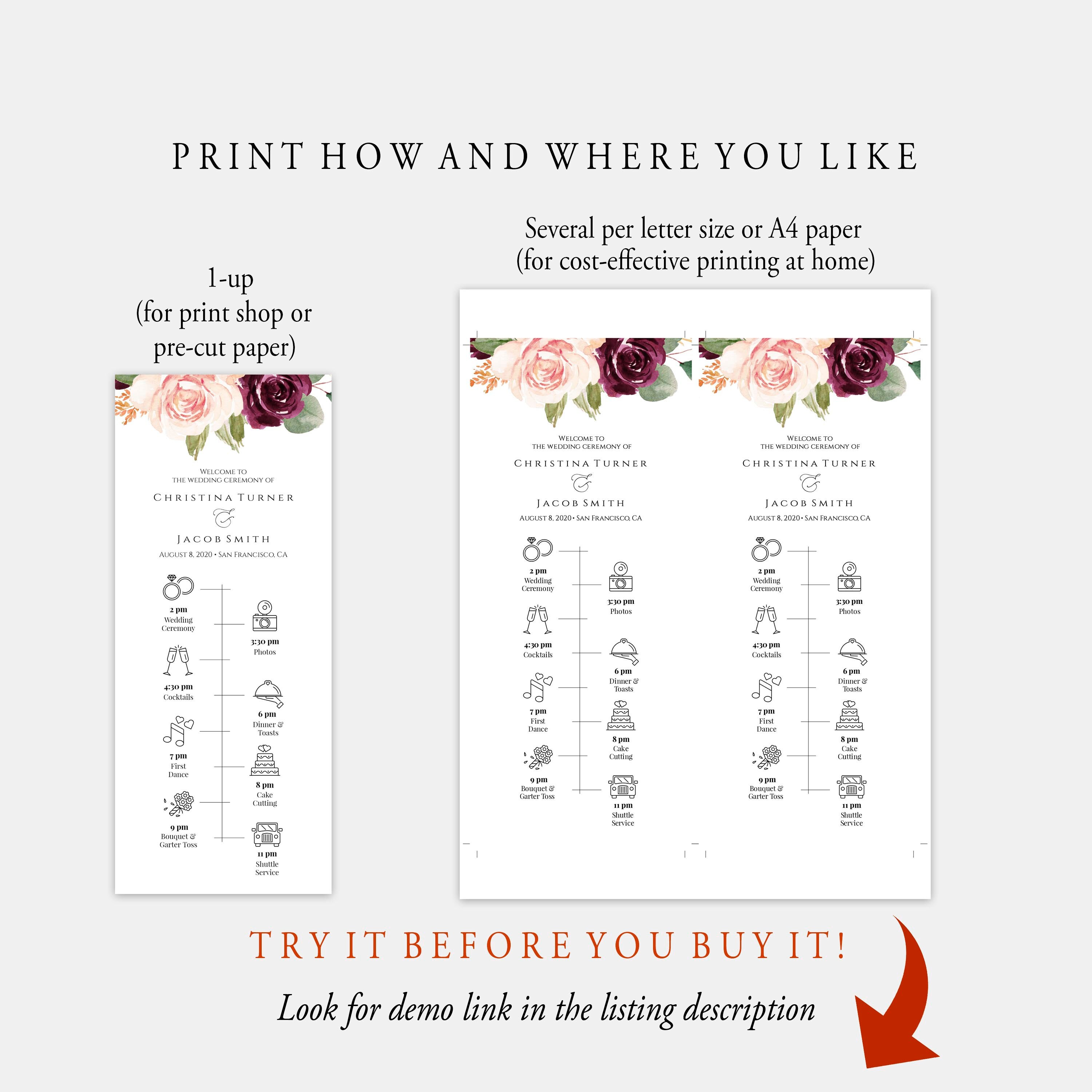 Boho Wedding Timeline With Icons Editable Printable Ceremony - Etsy