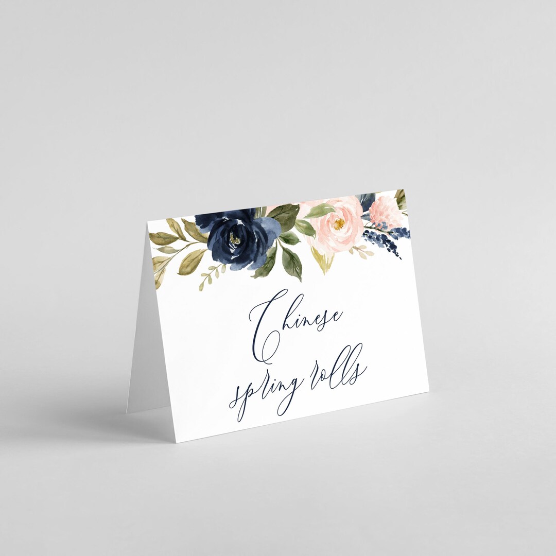 Blush and Navy Buffet Card Template, Printable Food Label, Editable ...