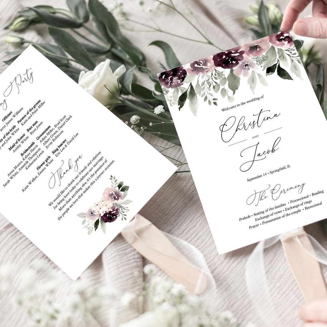 Purple Fan Program Template, Editable Fan Wedding Program, Ceremony ...
