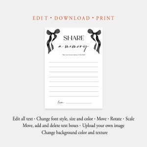 Editable Share A Memory Card Bridal Shower Share A Memory Bow Favorite ...