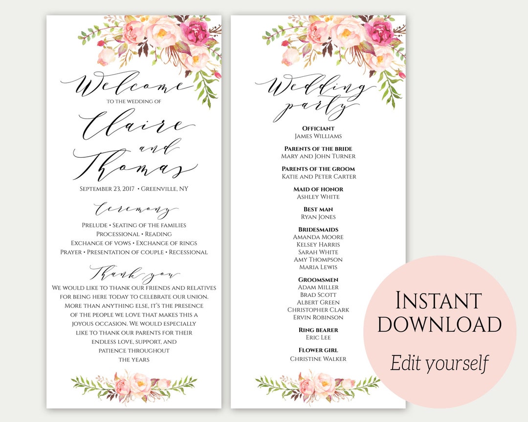 Wedding Program Template Ceremony Printable Template Wedding - Etsy