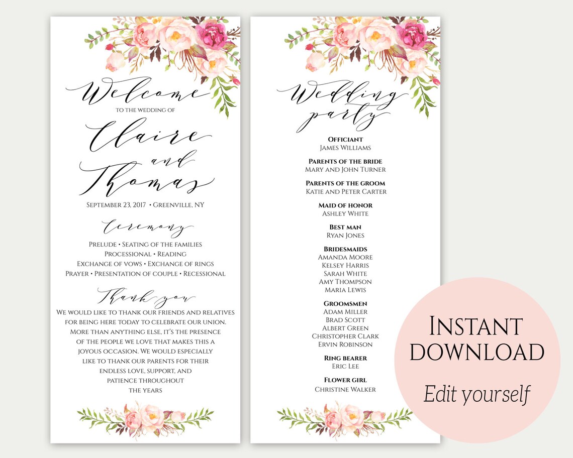 Wedding Program Template Ceremony Printable Template Wedding - Etsy