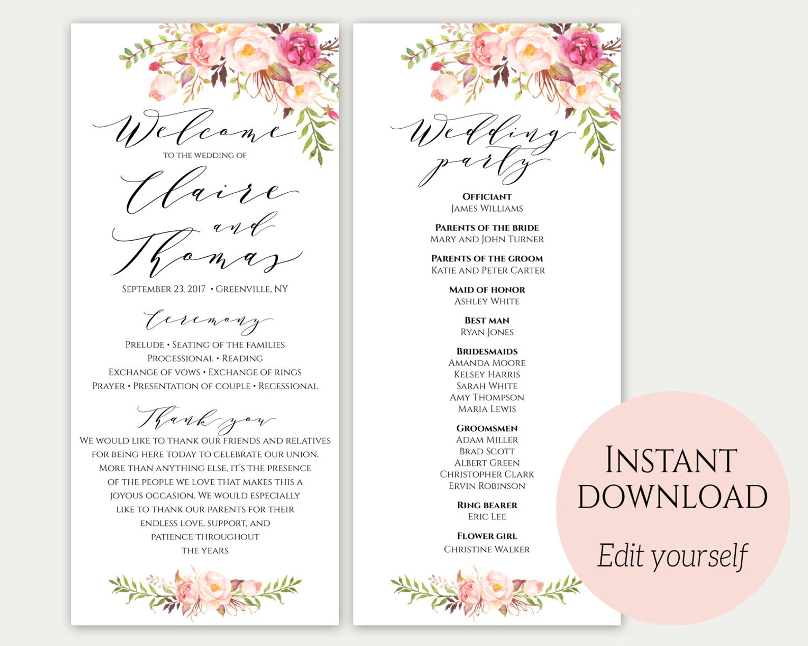Wedding Program Template Ceremony Printable Template Wedding - Etsy