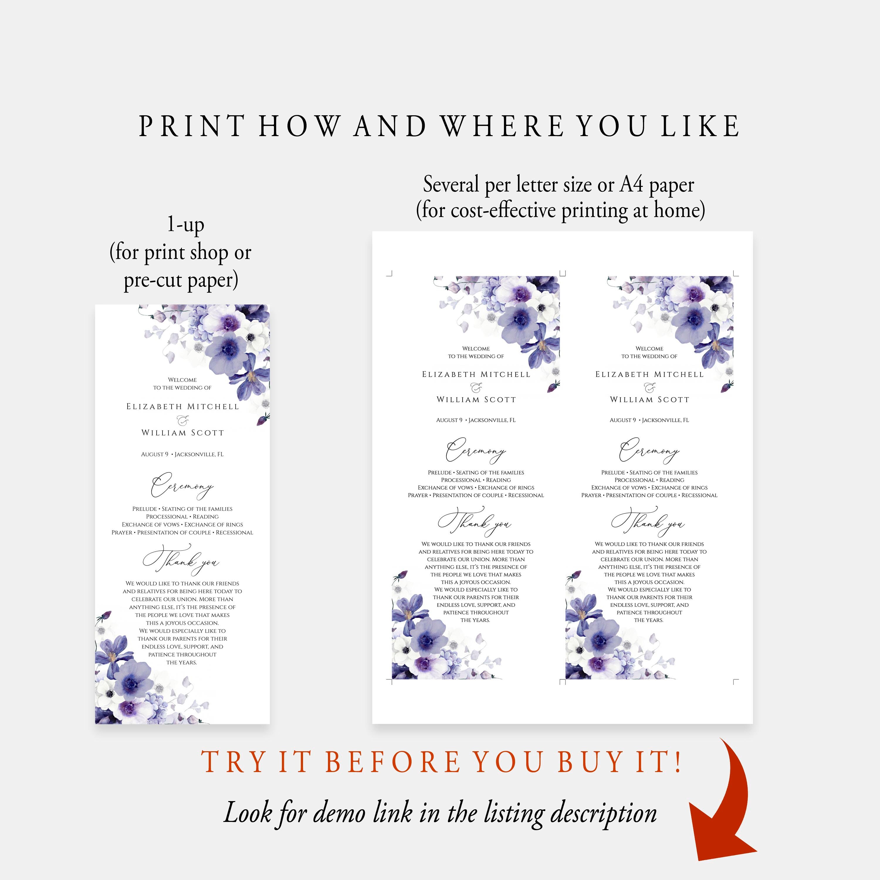 Purple Wedding Program Template Anemone Ceremony Template - Etsy