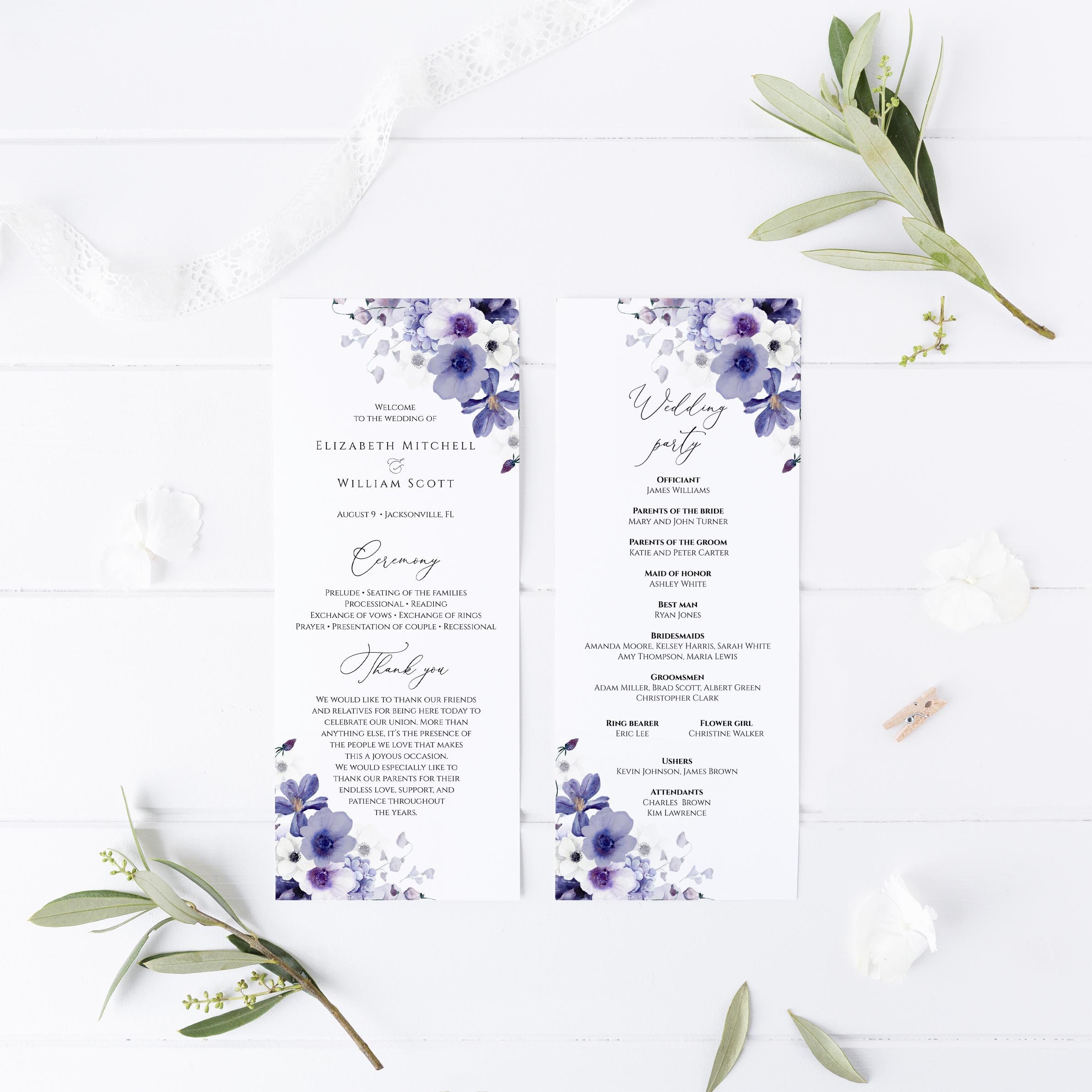 Purple Wedding Program Template Anemone Ceremony Template - Etsy