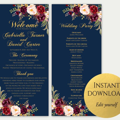Blue and Silver Wedding Program Template Editable Printable - Etsy
