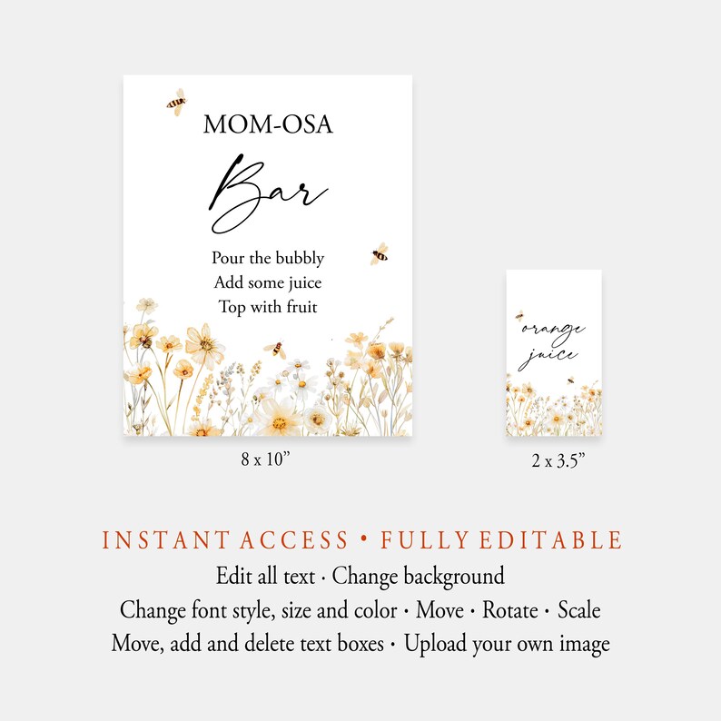 Momosa Bar Sign and Tag Template Wildflower Baby Shower Momosa Sign Bee ...