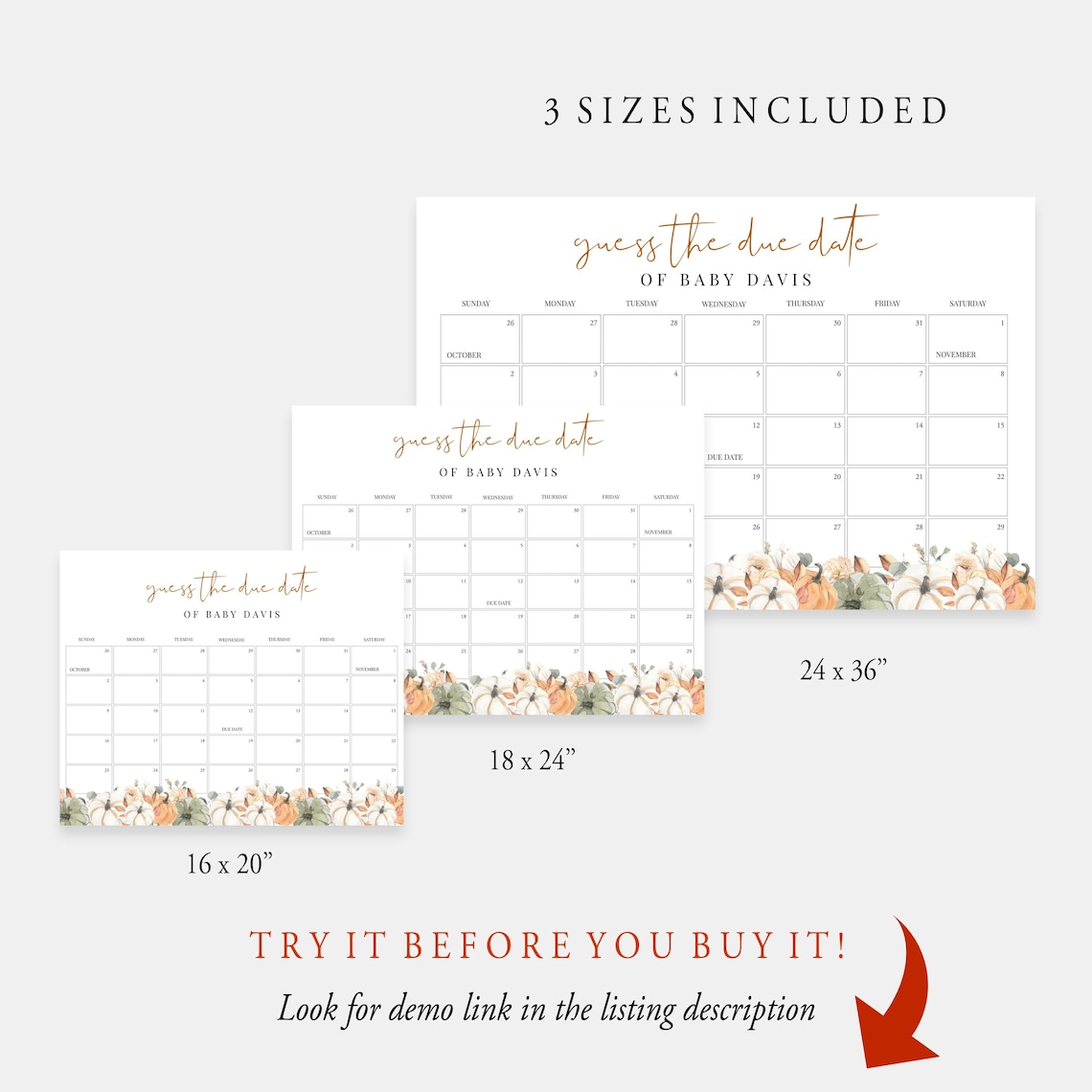 Fall Due Date Calendar Pumpkin Guess the Baby Arrival Date Gender ...