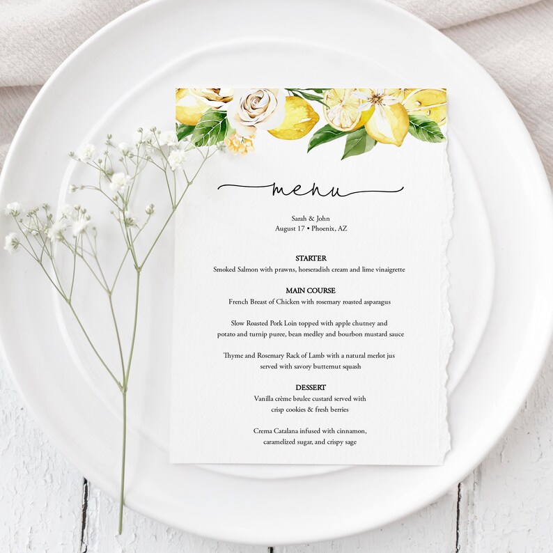 Lemon Wedding Menu Template Instant Download Editable Citrus - Etsy
