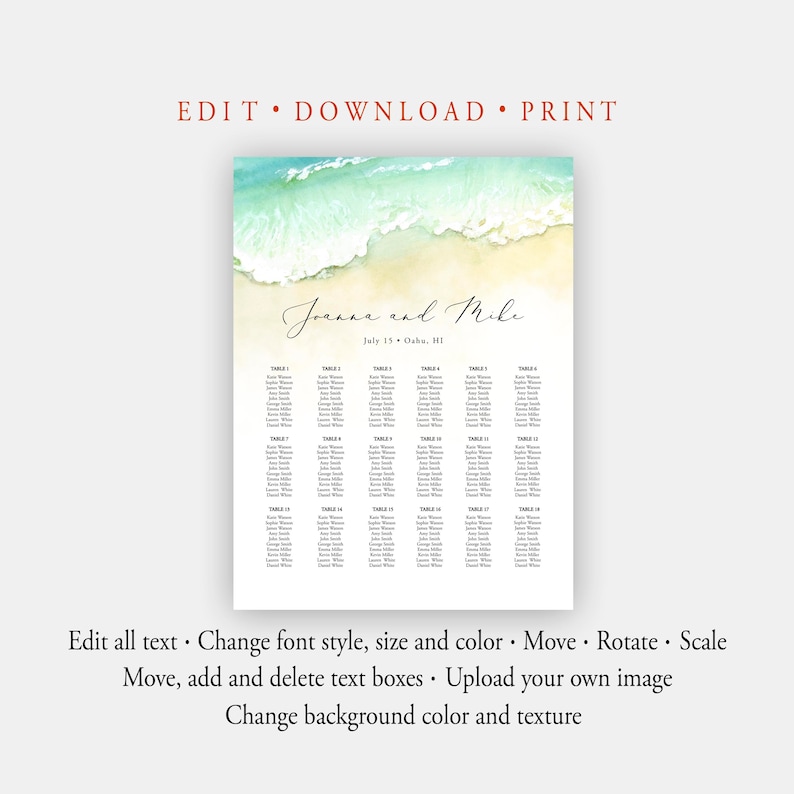 Beach Wedding Seating Chart Template Editable Ocean Seating - Etsy