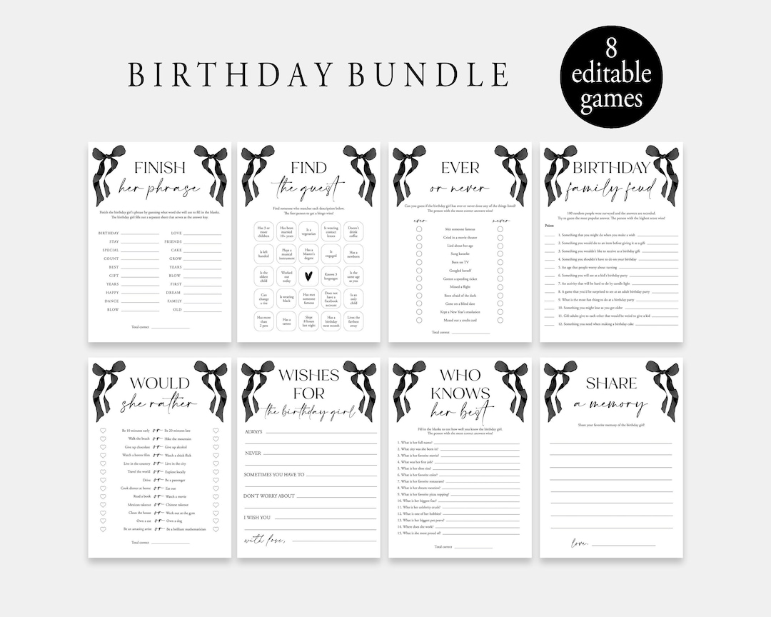 Black Bow Birthday Game Bundle Bow Adult Birthday Game Package Birthday ...
