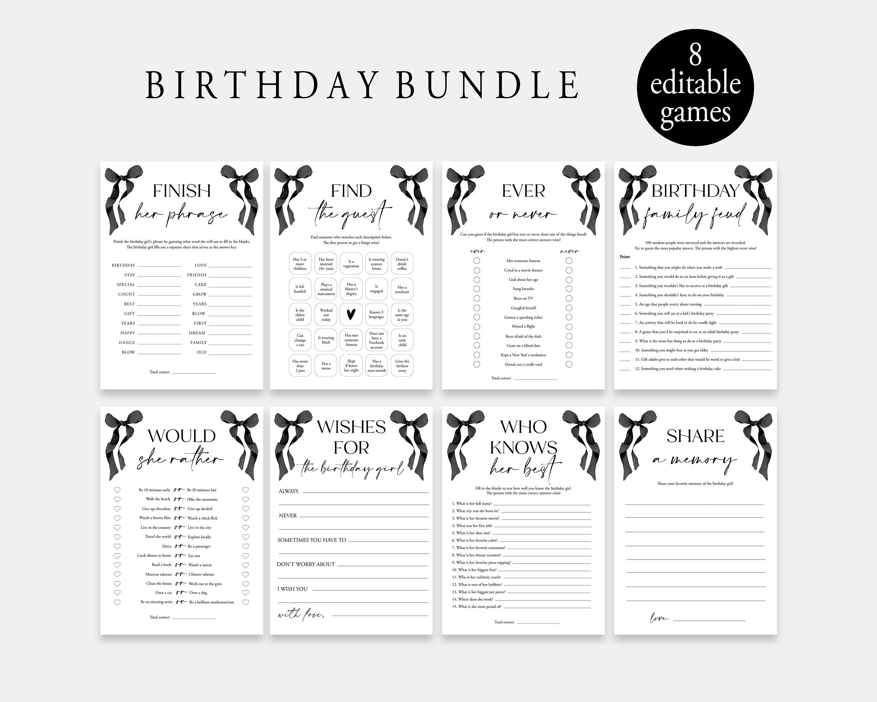 Black Bow Birthday Game Bundle Bow Adult Birthday Game Package Birthday ...