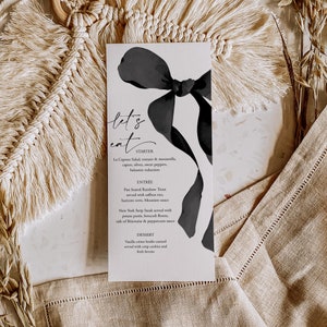 Bow Menu Template Ribbon Wedding Menu Card Black Bow Menu Slim Menu ...