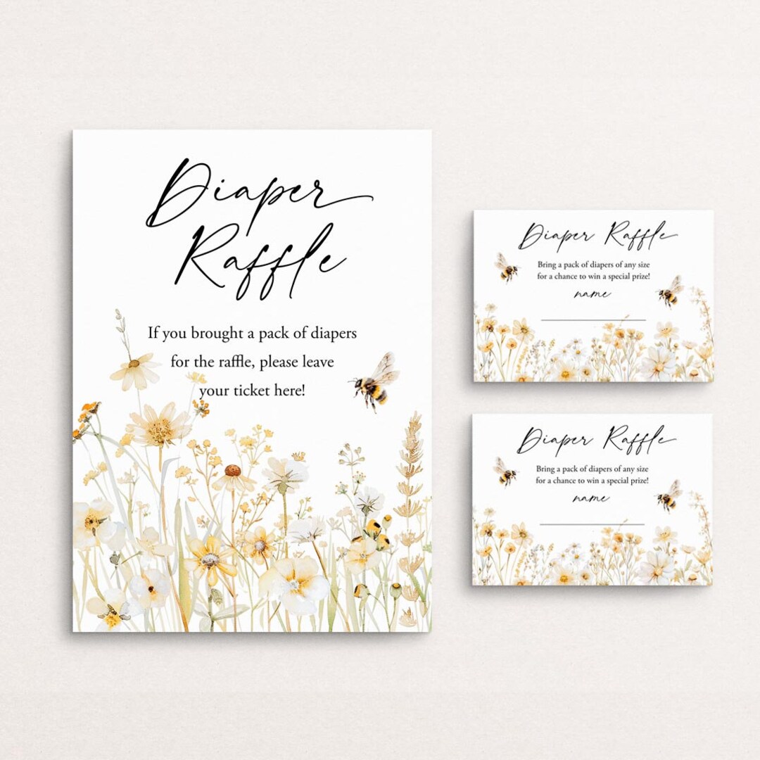 Honey Bee Diaper Raffle Card and Sign Bee Baby Shower Wildflower Diaper ...