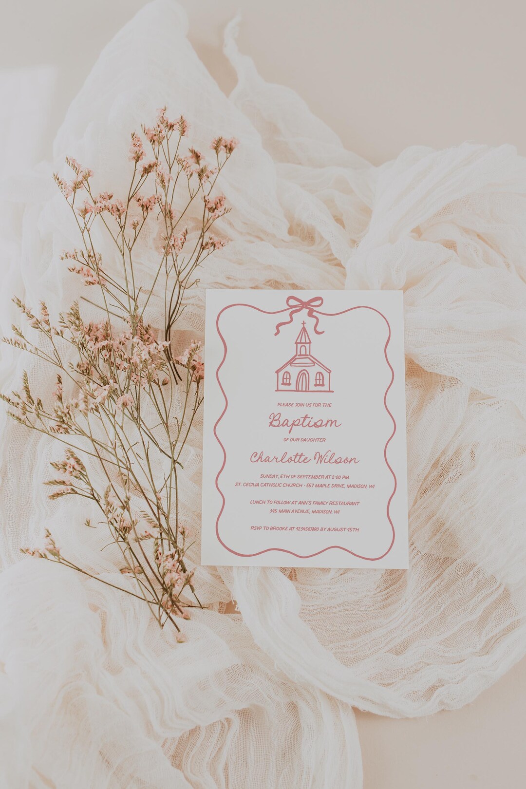 Girl Baptism Invitation Template Wavy Border Christening Invitation ...