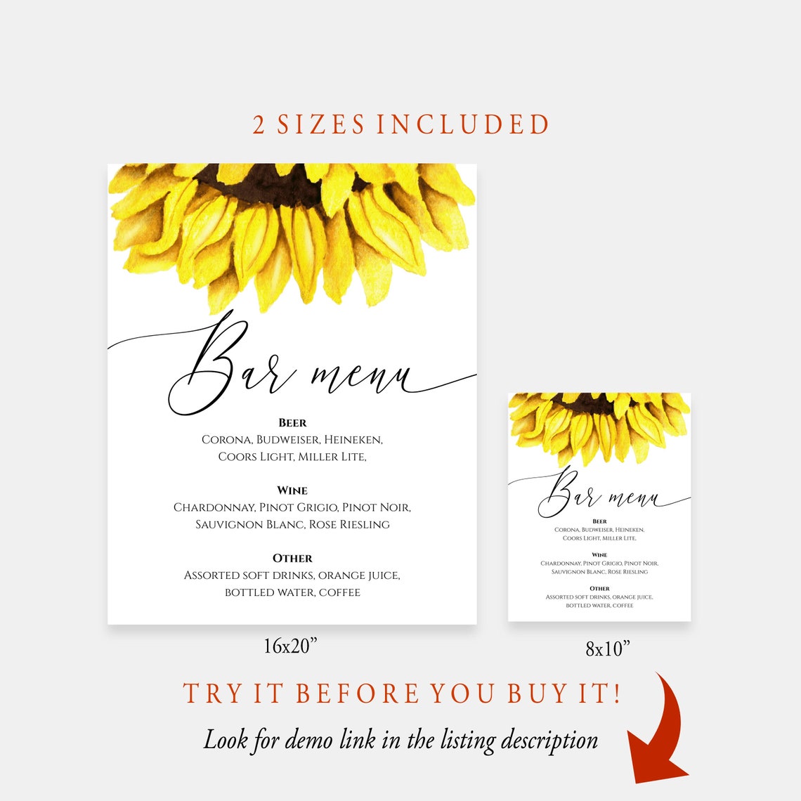 Sunflower Bar Menu Sign Template Download the Bar Sign Bar | Etsy