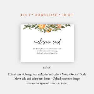 Orange Enclosure Card Template, Citrus Wedding Invitation Insert ...