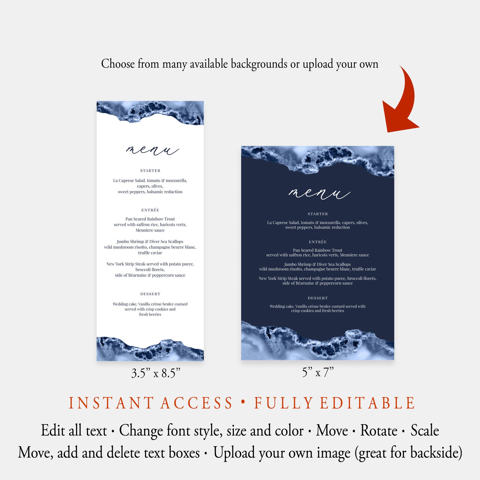 Navy Waves Menu Template, Printable Ocean Wedding Menu Cards, DIY ...