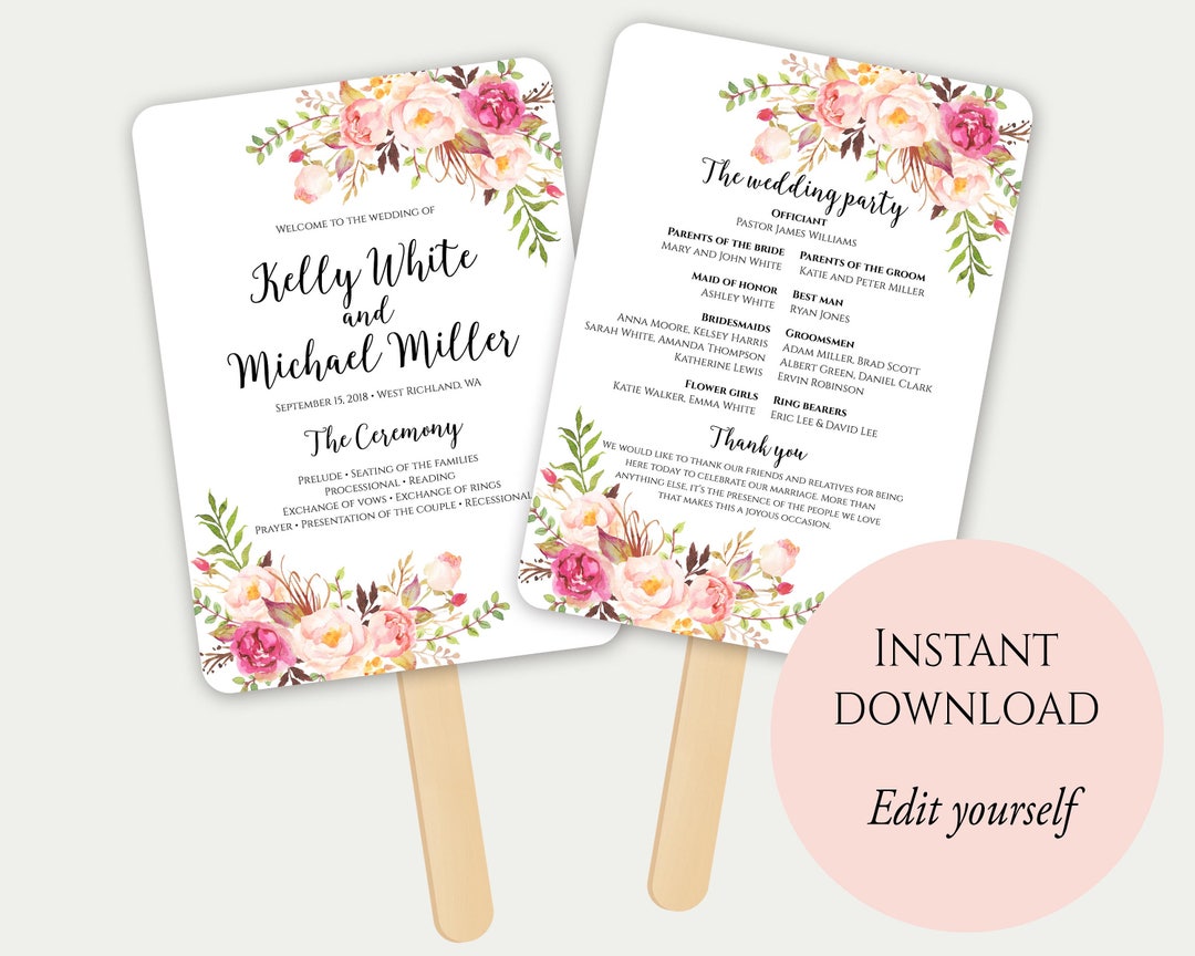 Fan Program Template, Fan Wedding Program, Ceremony Program, Printable ...