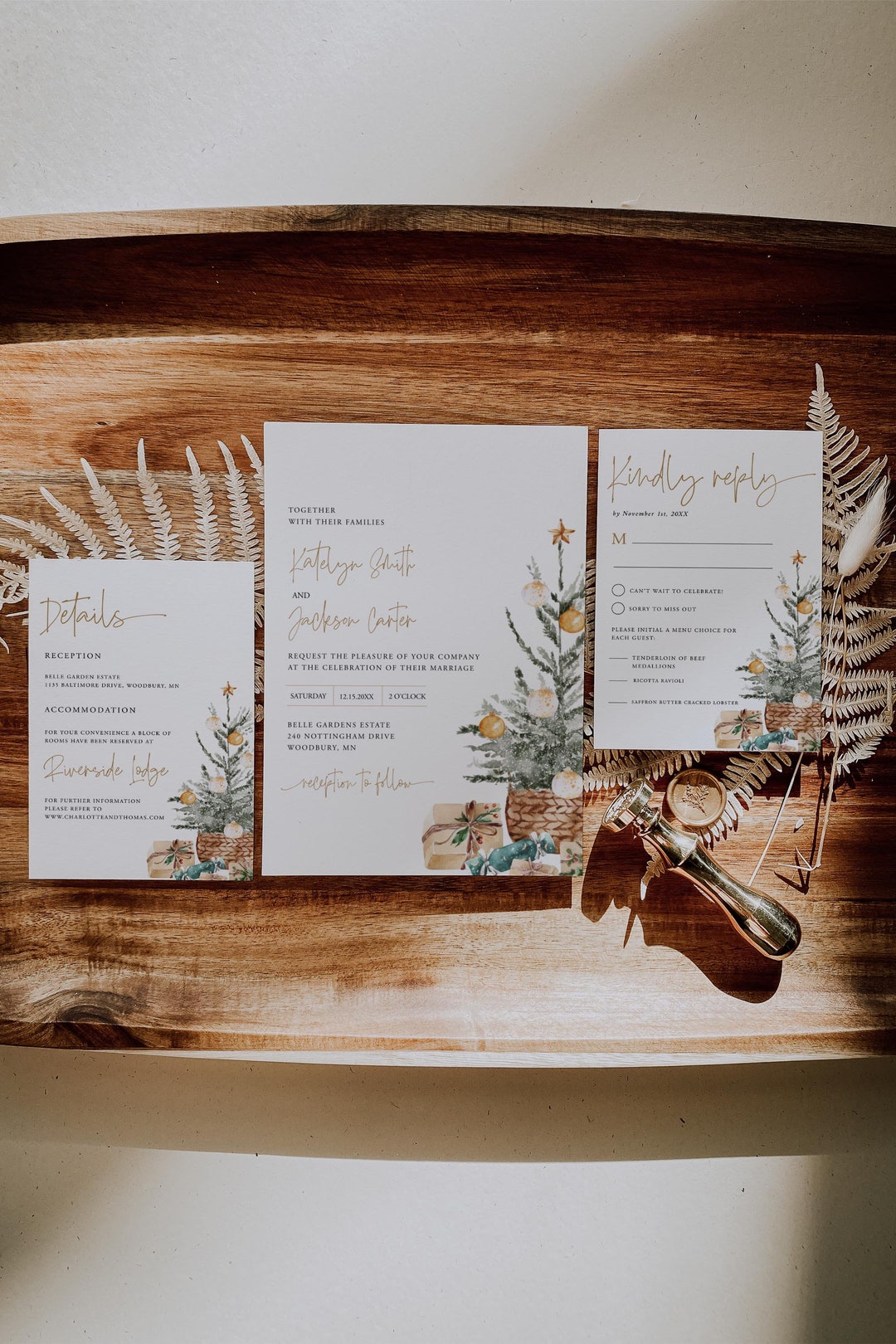 Christmas Tree Wedding Invitation Template Boho Winter Wedding ...
