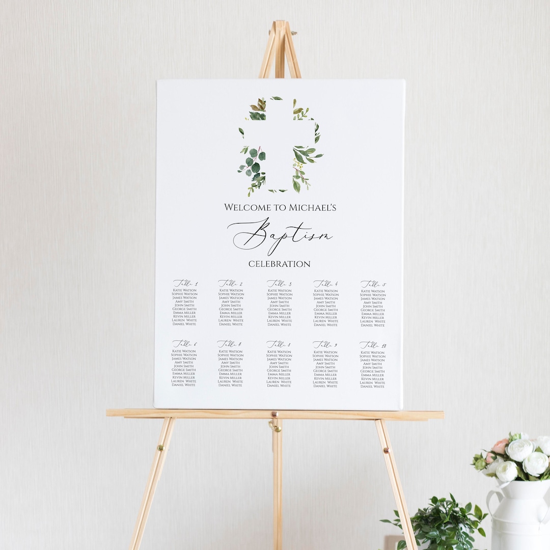 Baptism Seating Chart Template, Foliage Cross First Communion Seating ...