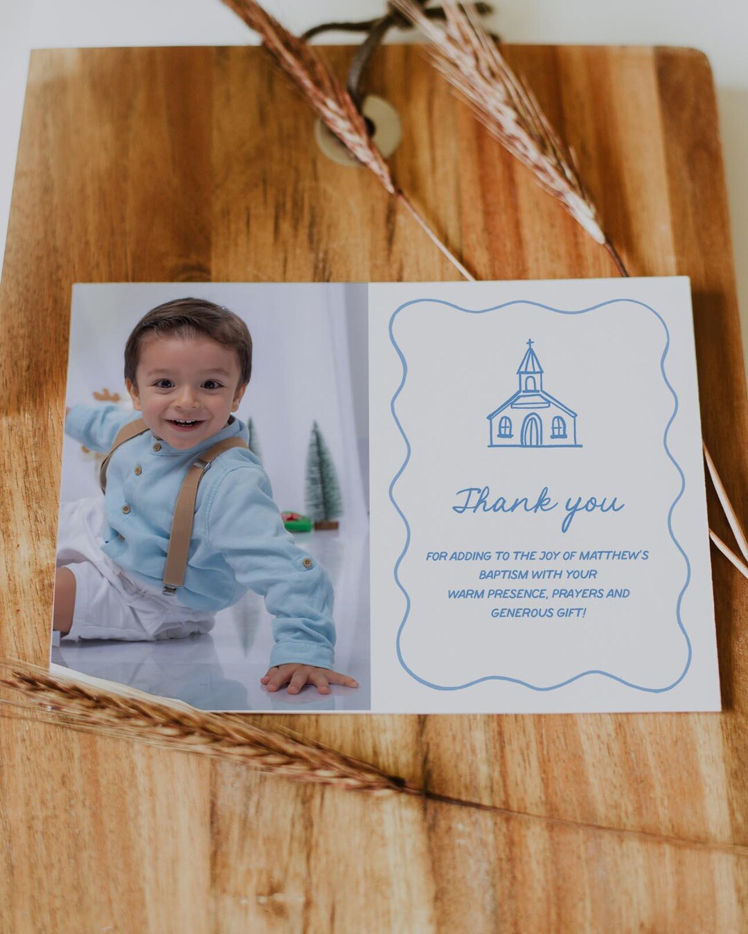 Boy Baptism Thank You Card Template Hand Drawn Thank You Card Blue ...