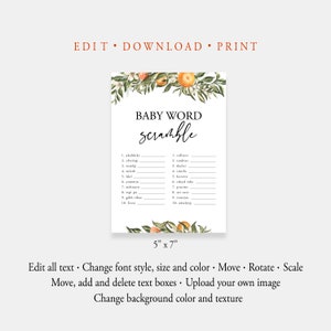Orange Baby Word Scramble Template, A Little Cutie Baby Shower Game ...
