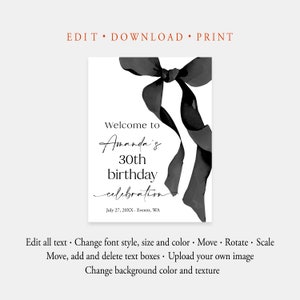 Birthday Welcome Sign Bow Welcome Poster Template Editable Black Bow ...