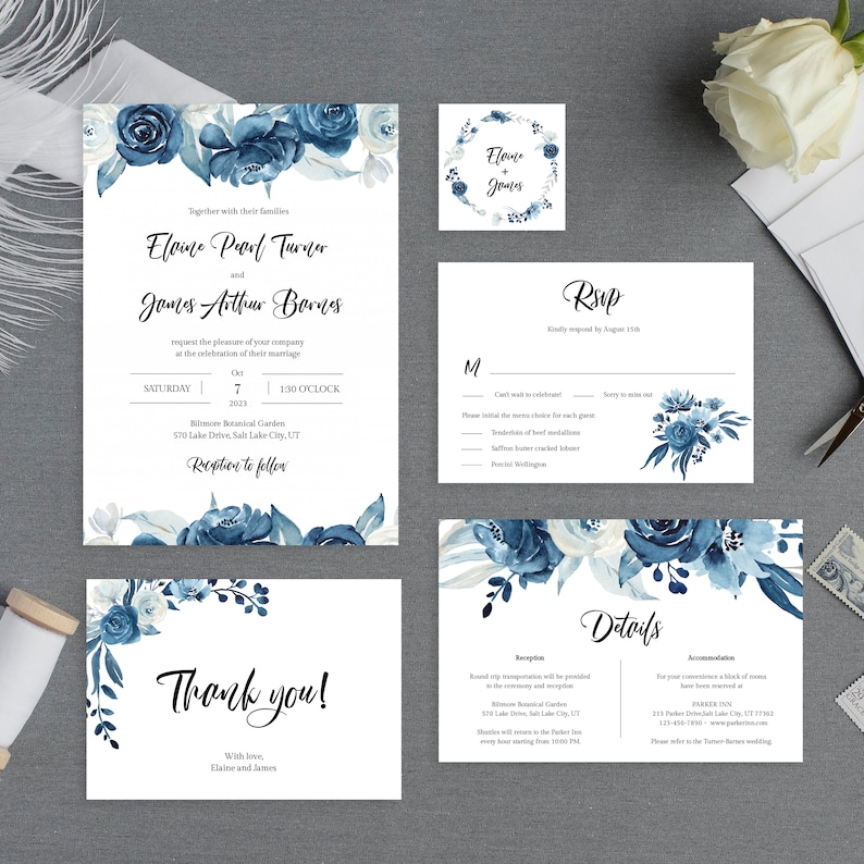 Blue and Silver Wedding Invitation Template 5 Piece Set - Etsy