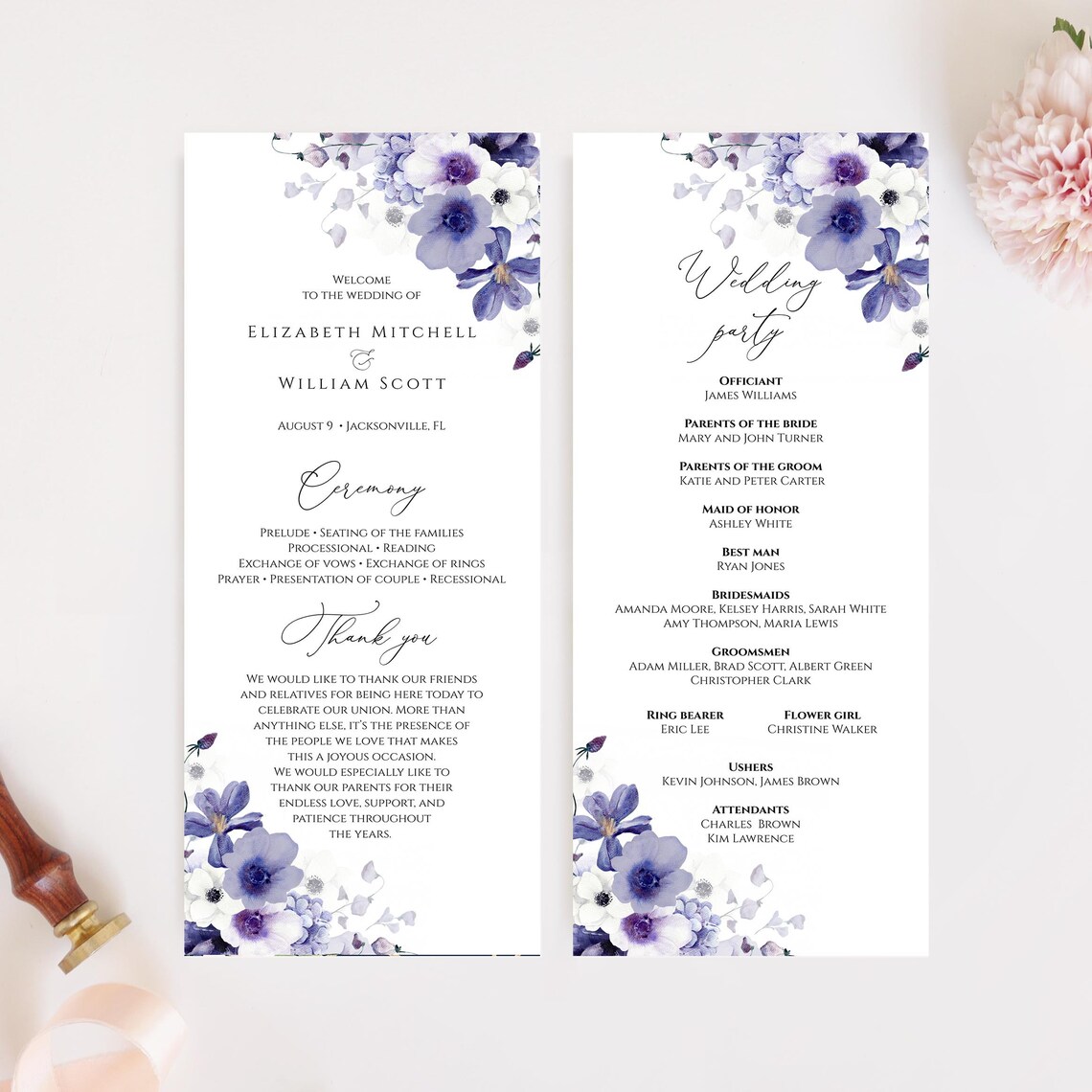 Purple Wedding Program Template Anemone Ceremony Template - Etsy