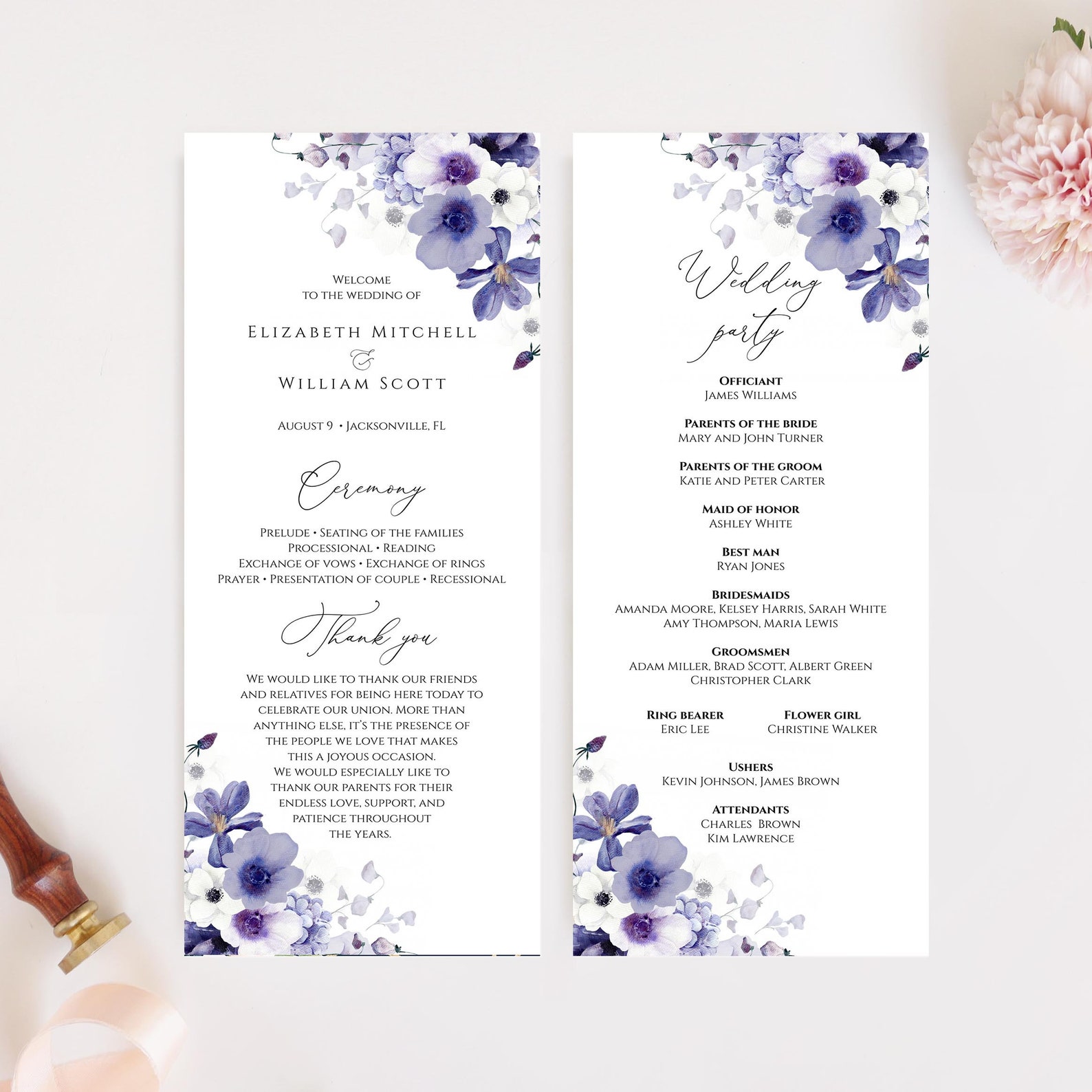 Purple Wedding Program Template Anemone Ceremony Template - Etsy