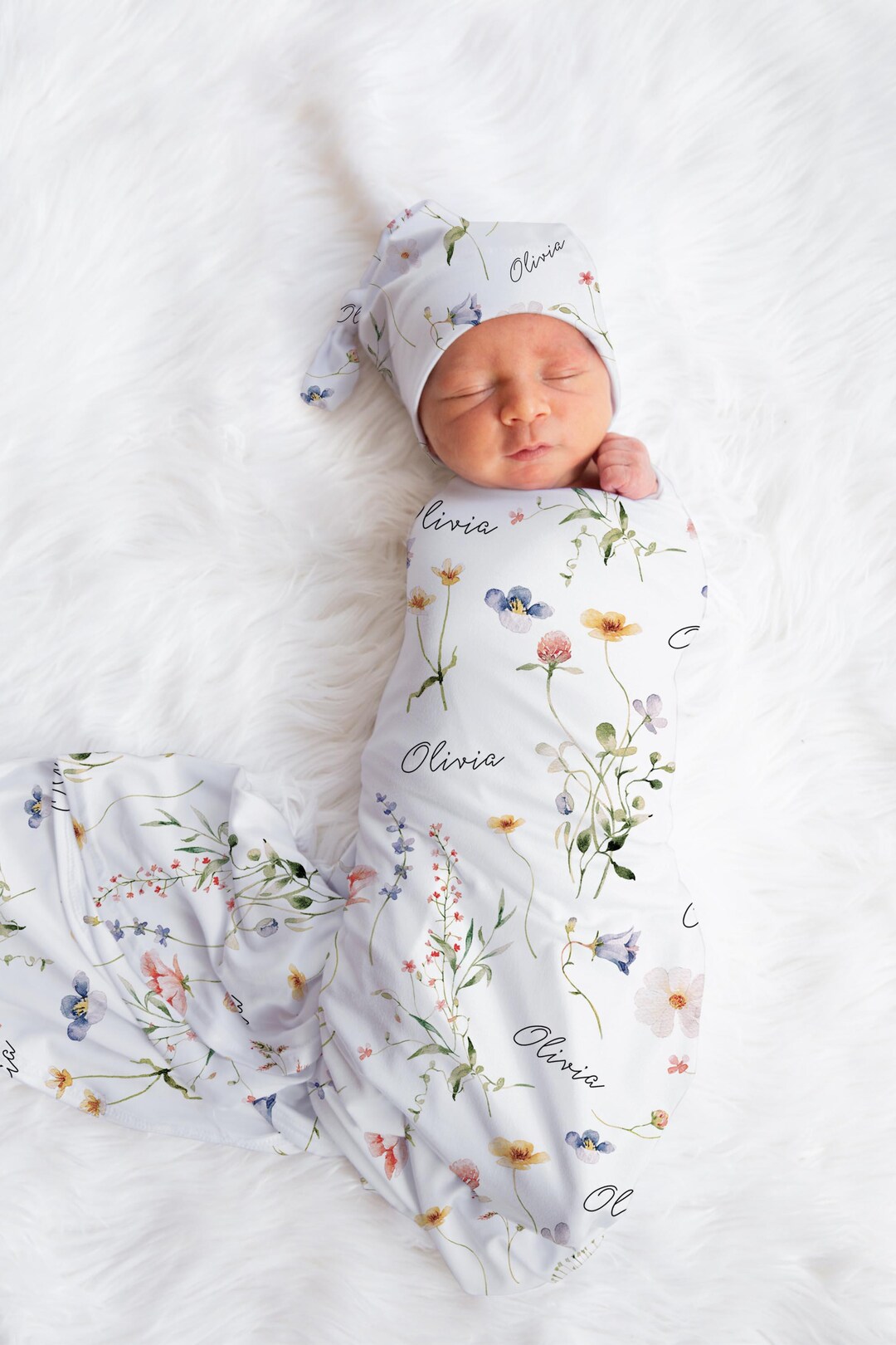 Custom Newborn Swaddle Set Personalized Knotted Hat Floral Baby ...