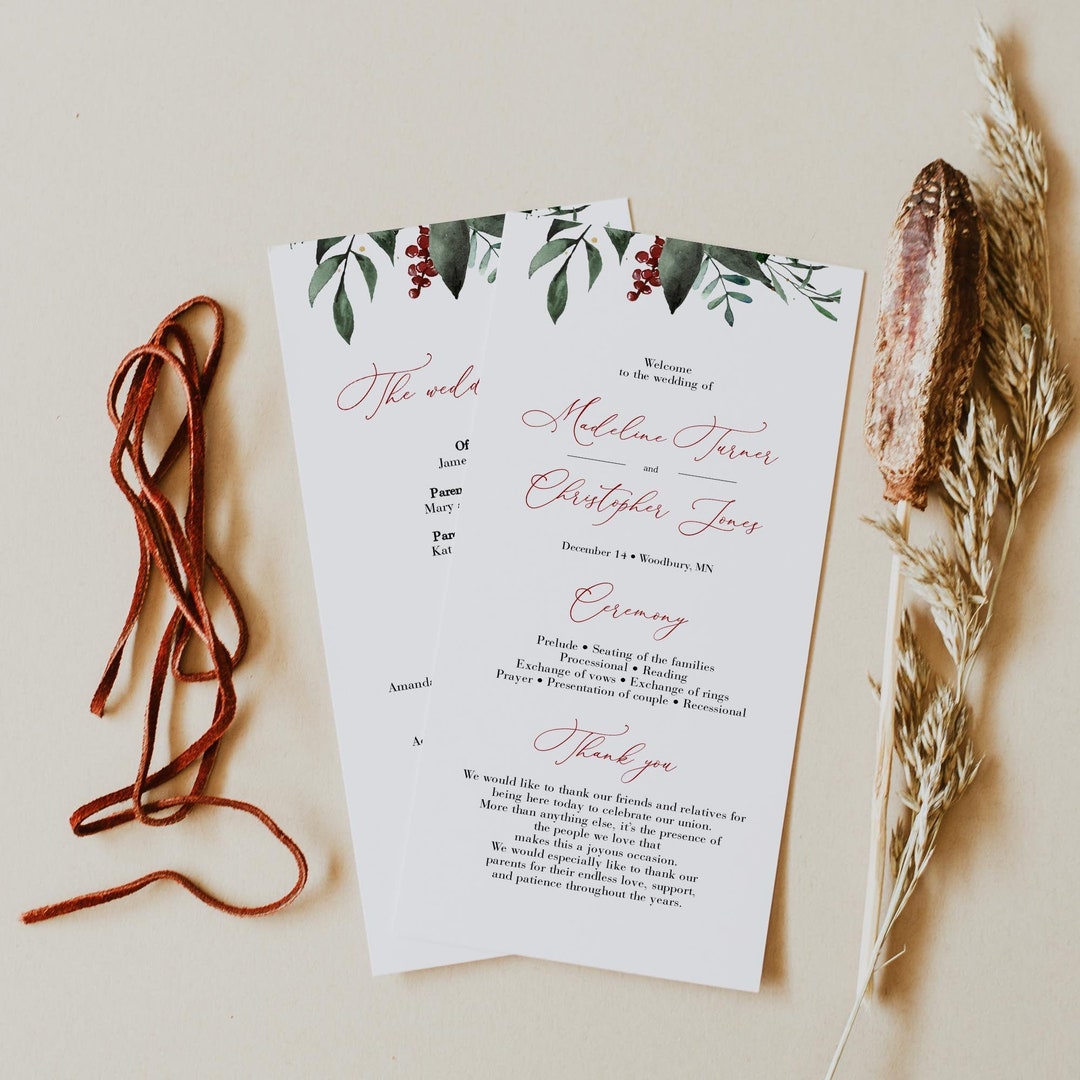Winter Wedding Program Template, Editable Printable Ceremony Template, Printable Christmas ...