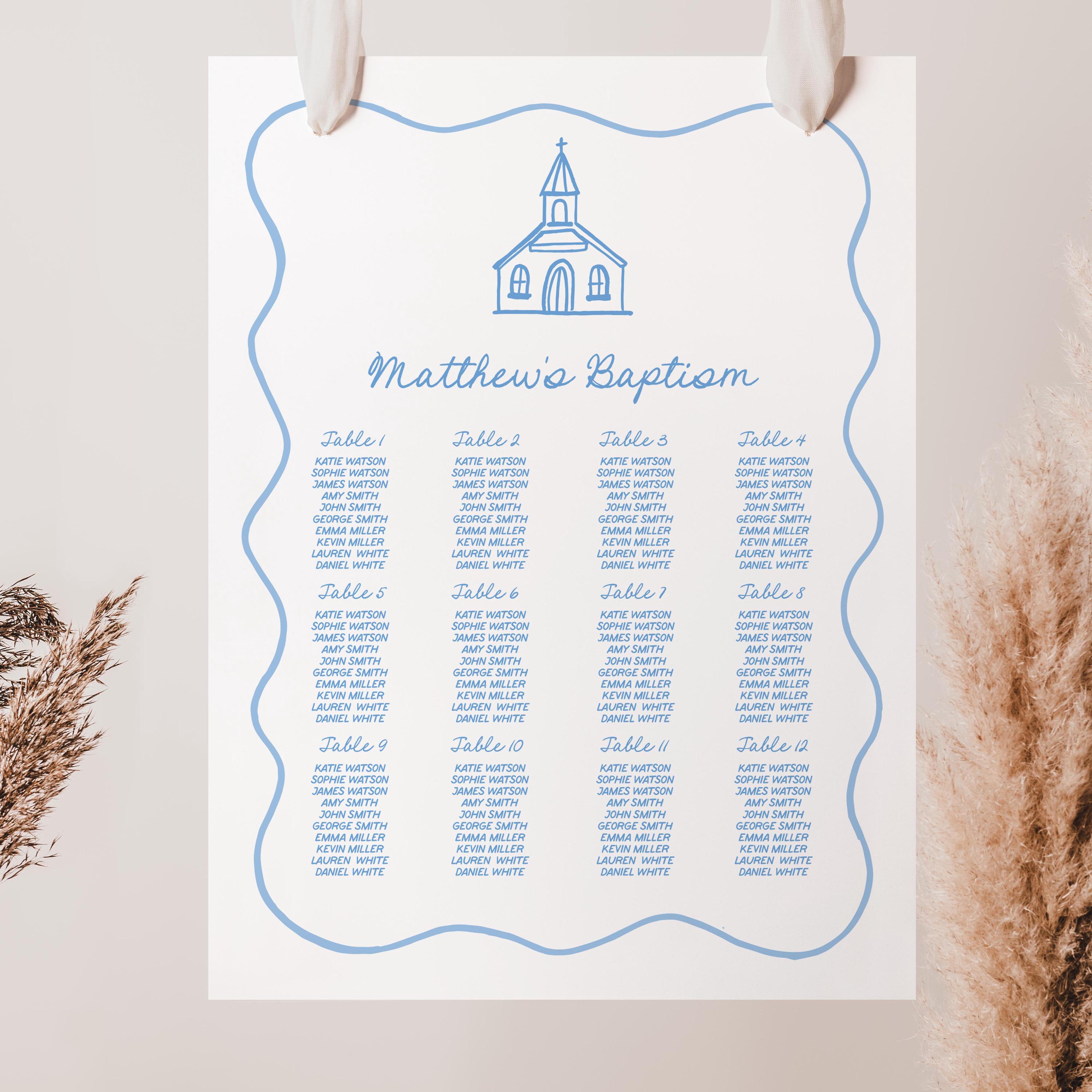 Hand Drawn Baptism Seating Chart Boy Editable Template Whimsical ...
