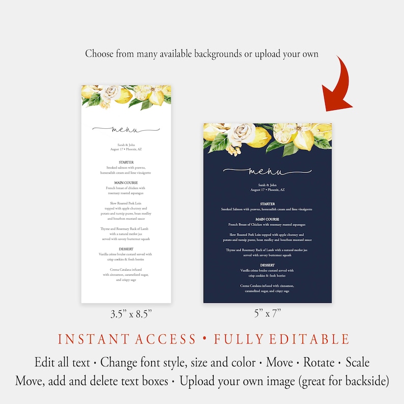 Lemon Wedding Menu Template Instant Download Editable Citrus - Etsy