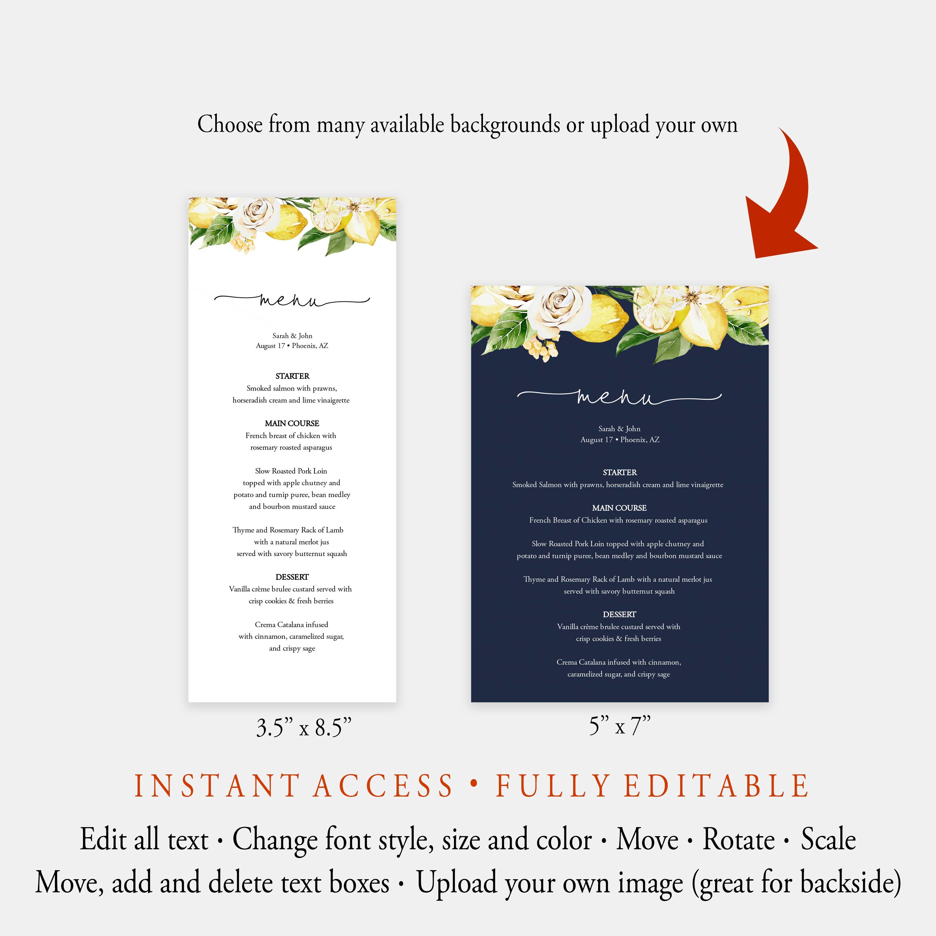 Lemon Wedding Menu Template Instant Download Editable Citrus - Etsy