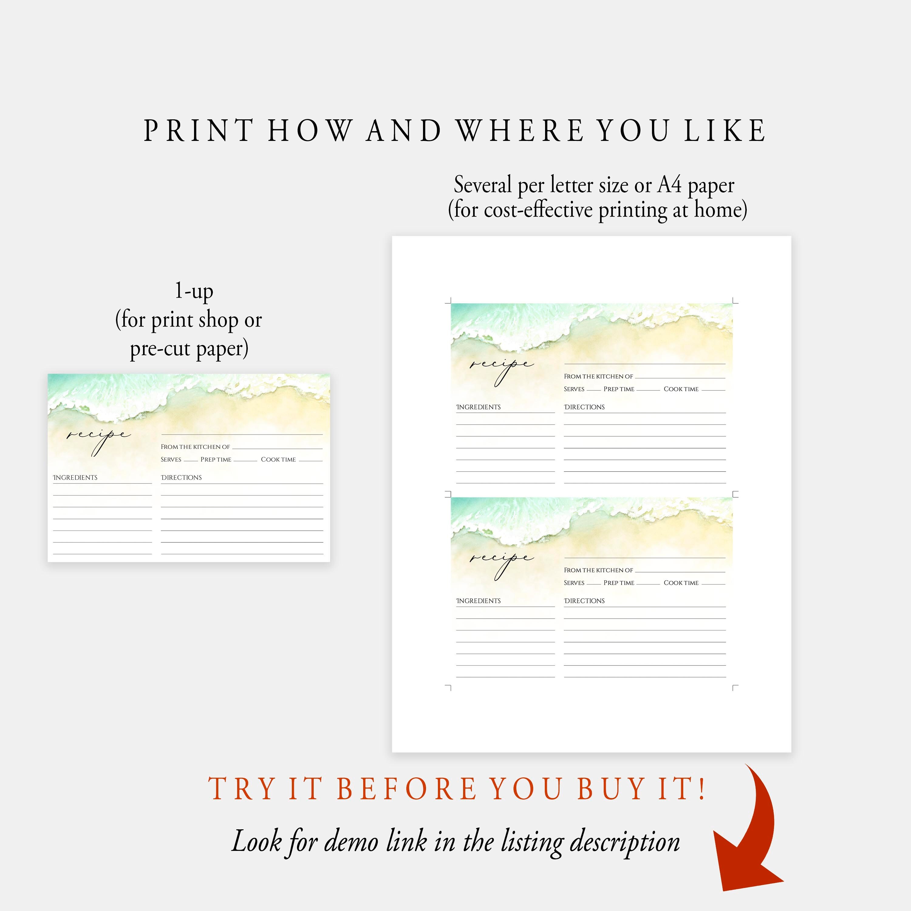 Seashore Recipe Card Template, Instant Download, Beach Recipe Card ...
