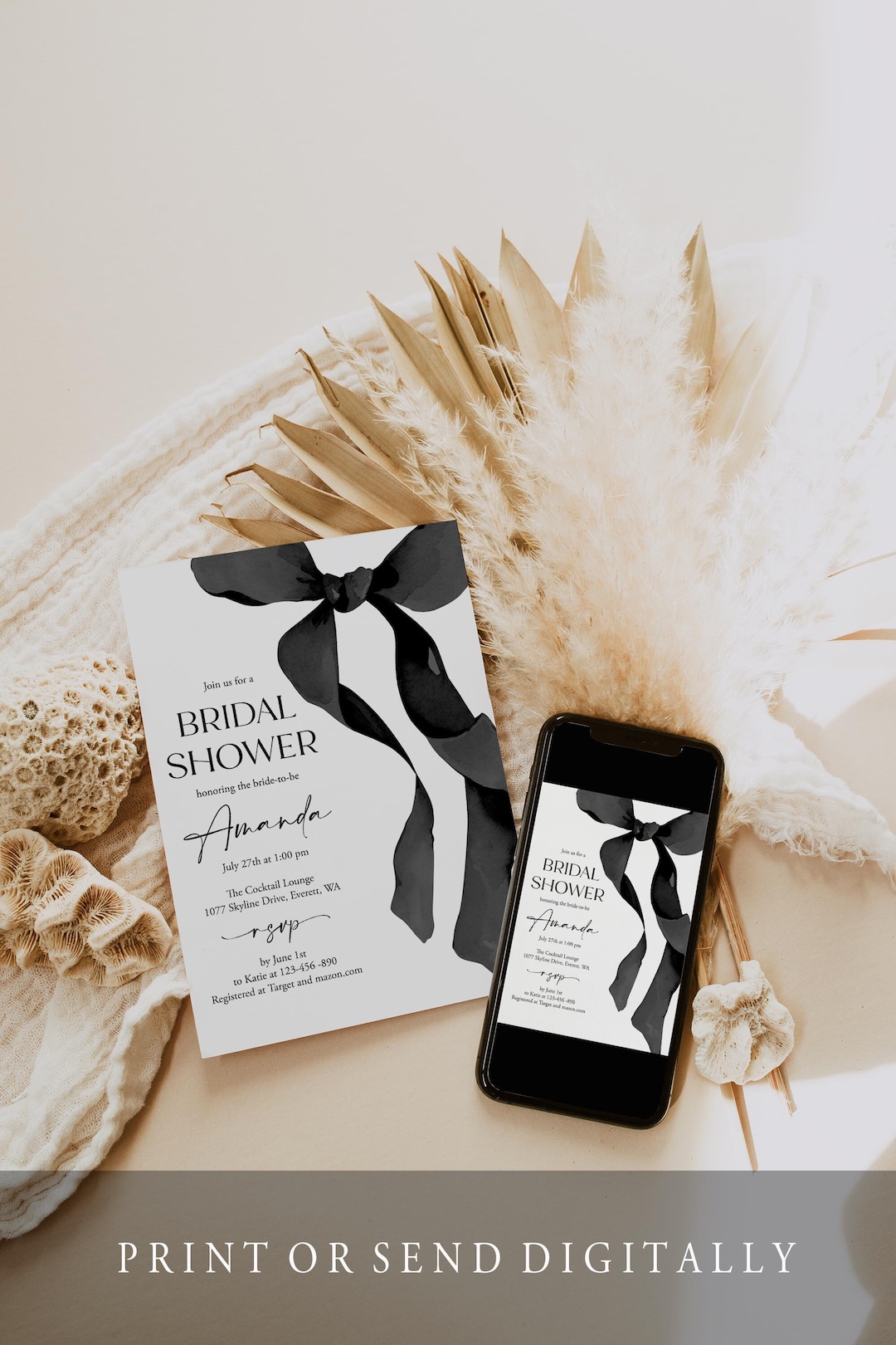 Bow Bridal Shower Invitation Black Bow Couple Shower Invite Ribbon ...