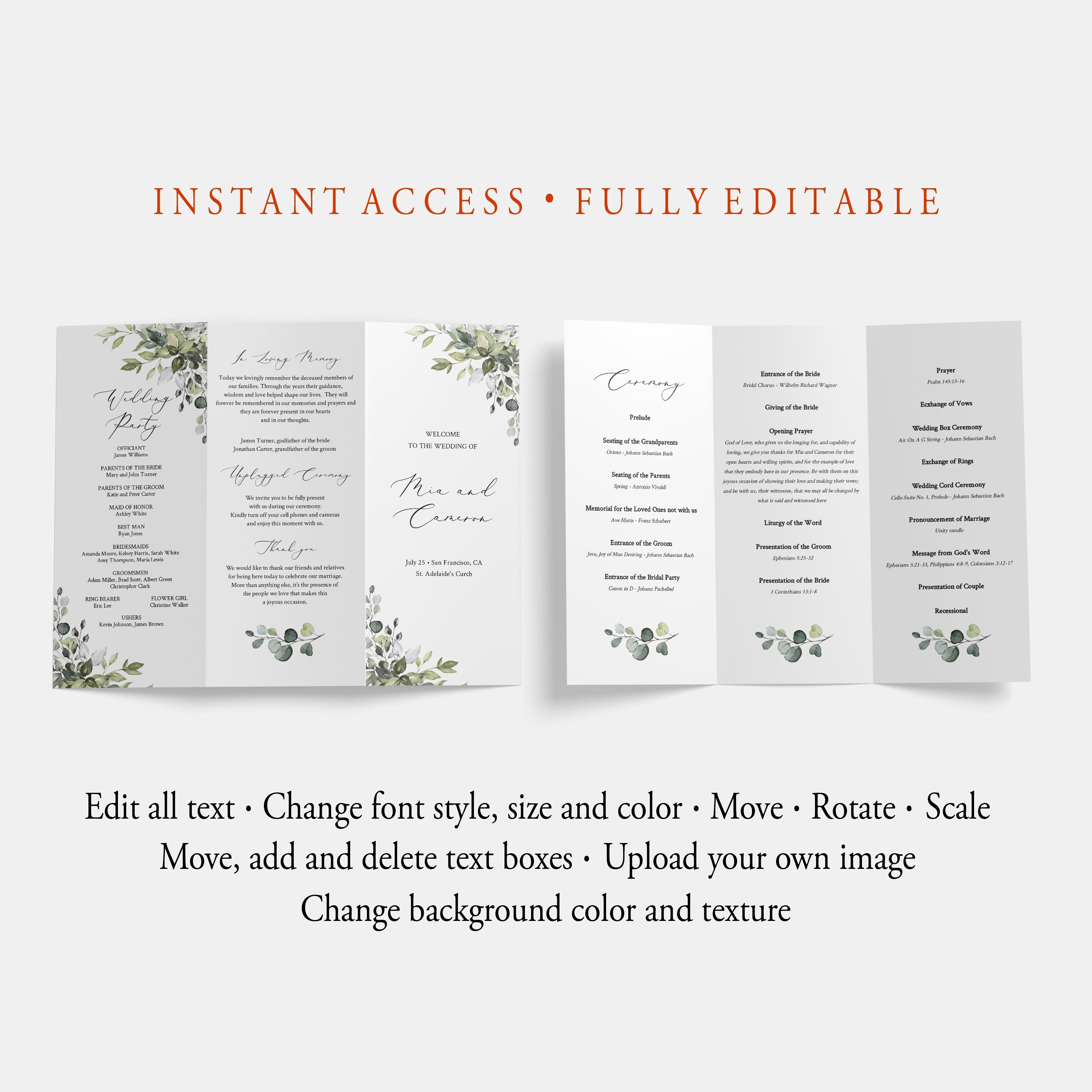 Tri-fold Wedding Program Template, Editable Order of Service Template ...