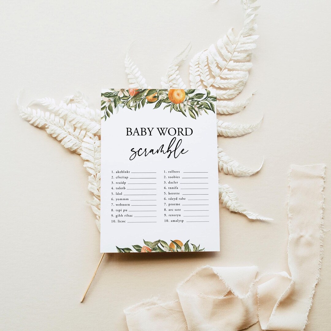 Orange Baby Word Scramble Template, A Little Cutie Baby Shower Game ...