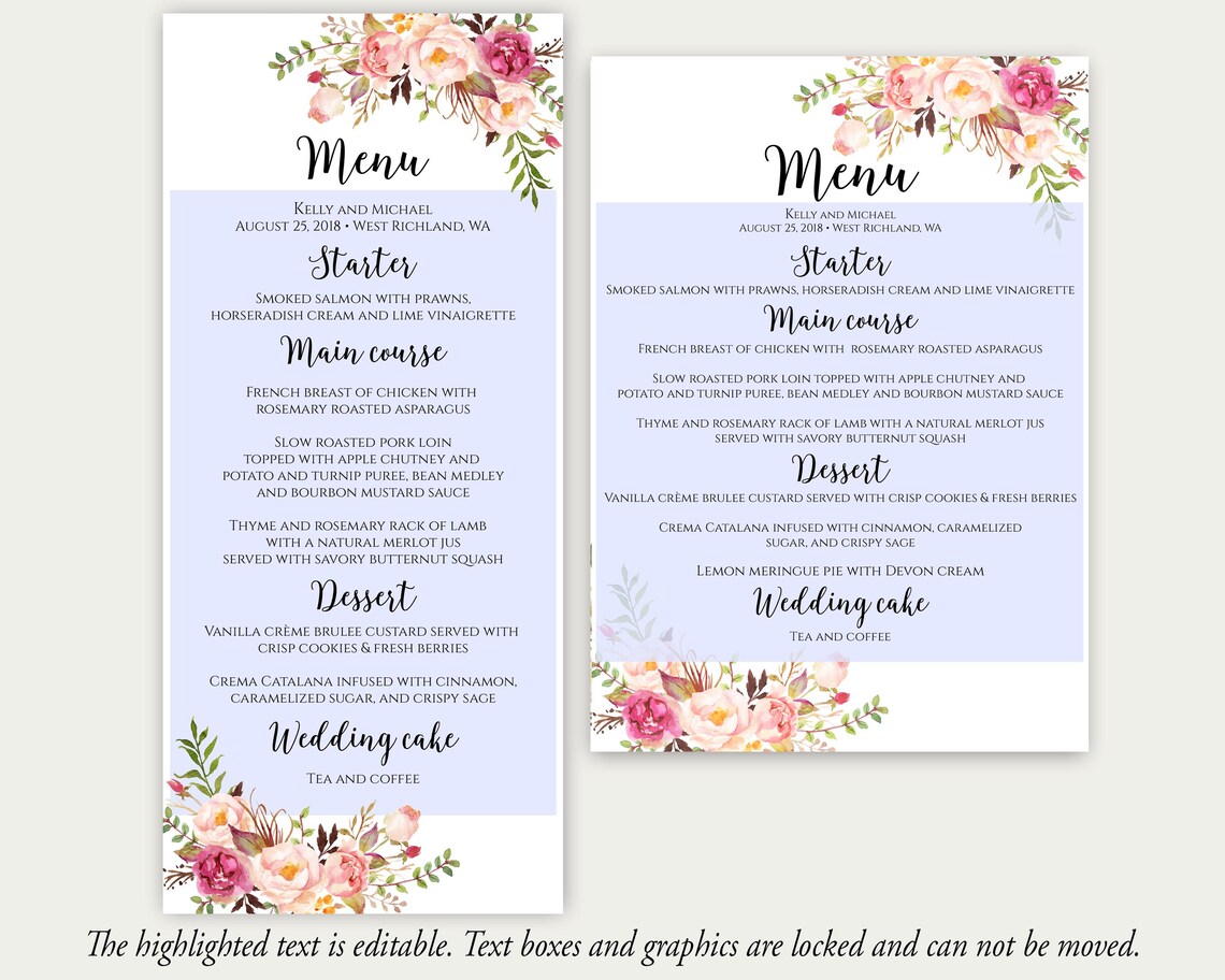 Wedding Menu Printable Wedding Menu Template Wedding Menu - Etsy