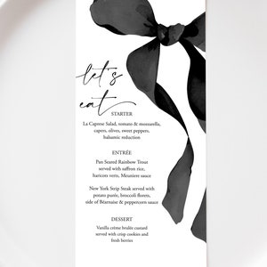 Bow Menu Template Ribbon Wedding Menu Card Black Bow Menu Slim Menu ...
