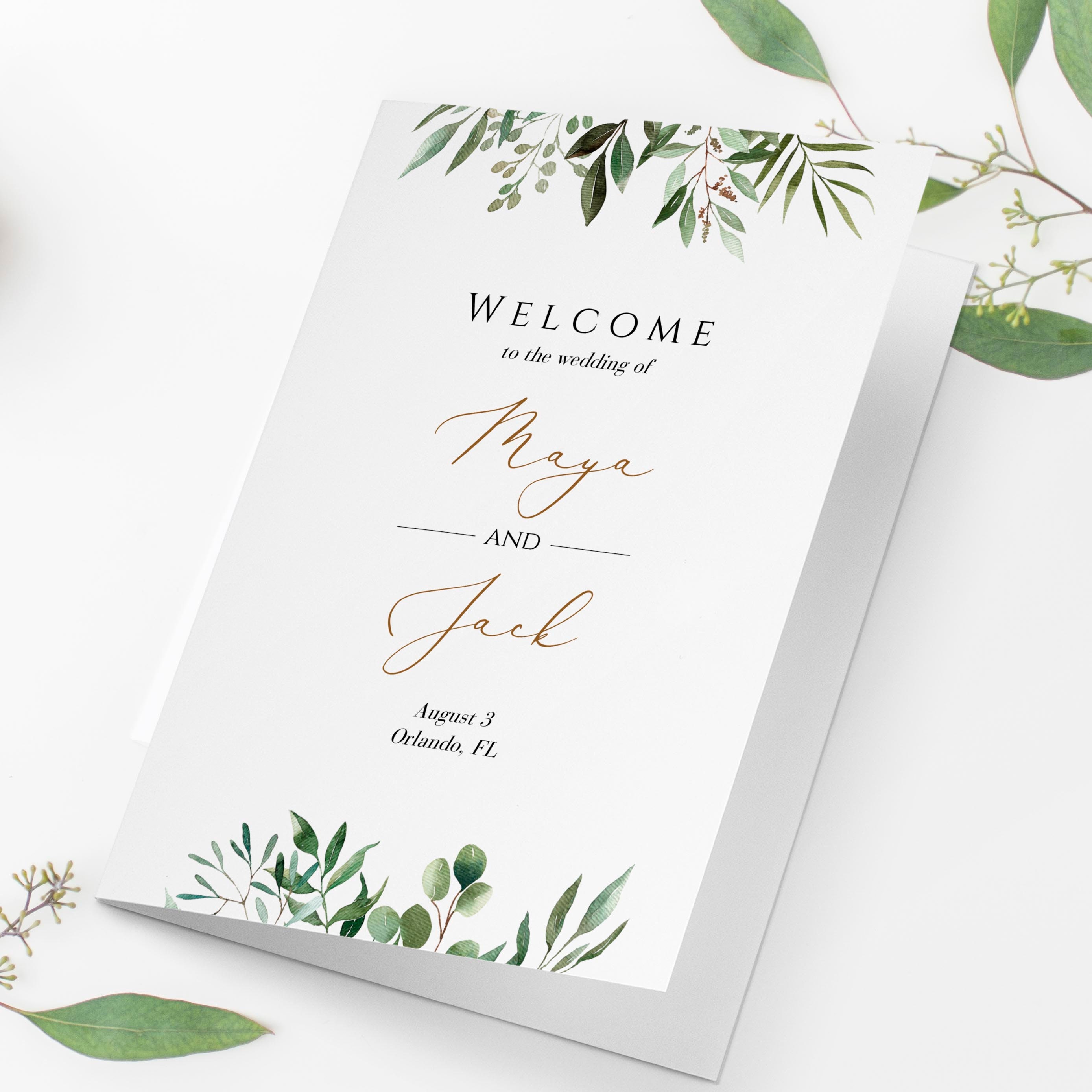 Greenery Folded Wedding Program Template Editable Folded - Etsy