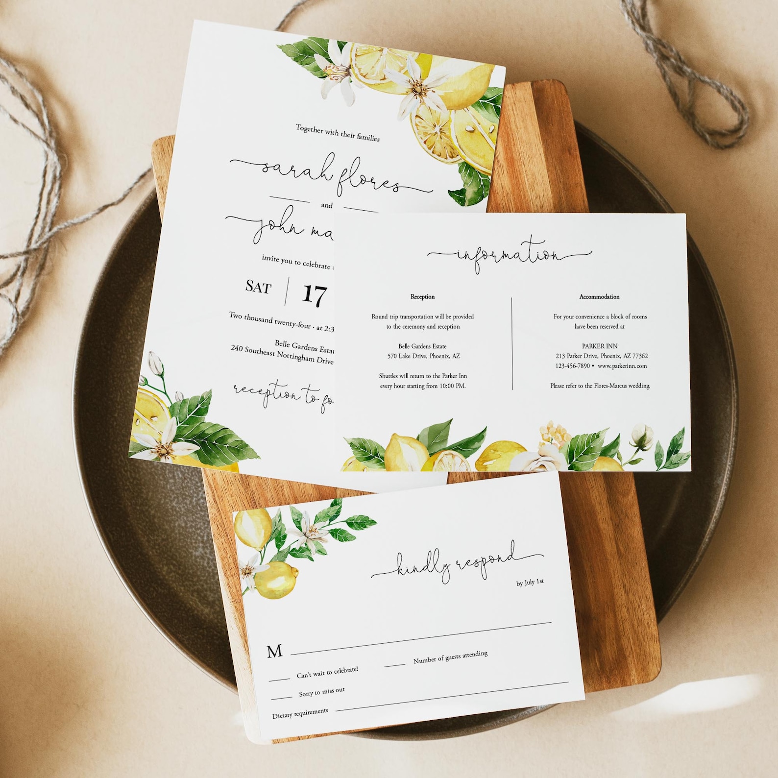 Lemon Wedding Invitation Set, Printable Citrus Invitation Template ...