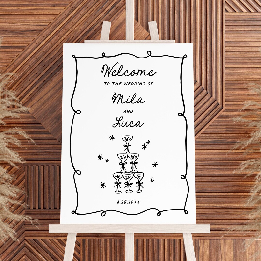 Hand Drawn Wedding Welcome Sign Template Champagne Tower Welcome Poster ...