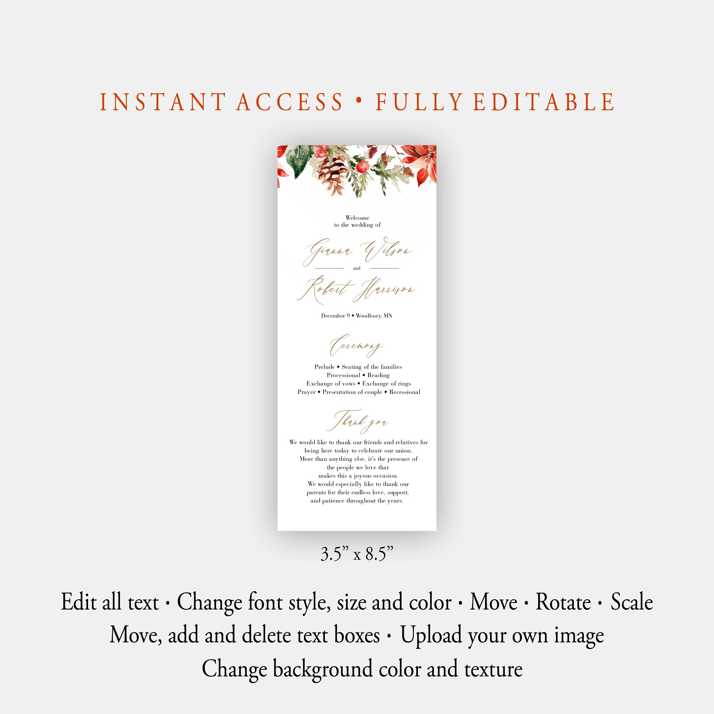 Winter Wedding Program Template Editable Winter Ceremony - Etsy