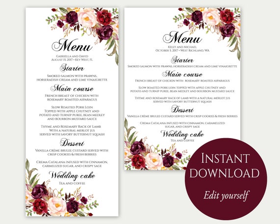 Wedding Menu Template Wedding Menu Cards Menu Cards | Etsy
